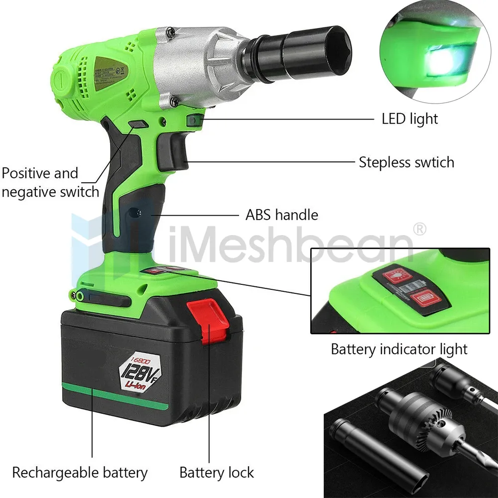 Cordless Electric Impact Wrench 128V 300NM Gun 1/2" Driver Drill Tool ...